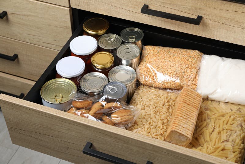 Open Drawer with Different Products. Food Donation Stock Image - Image ...