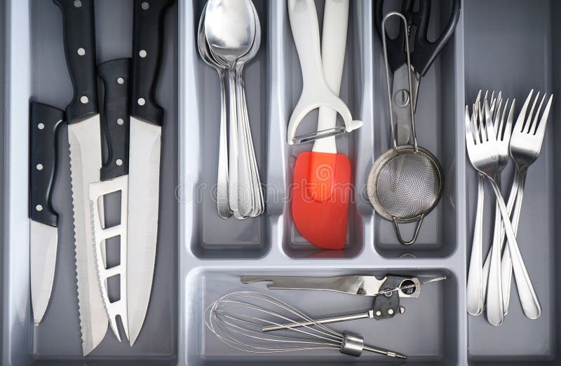 Open Drawer with Different Utensils and Cutlery in Kitchen, Above View ...