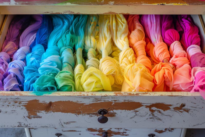 Open Drawer Featuring a Rainbow Array of Fabric Dyes Stock Image ...
