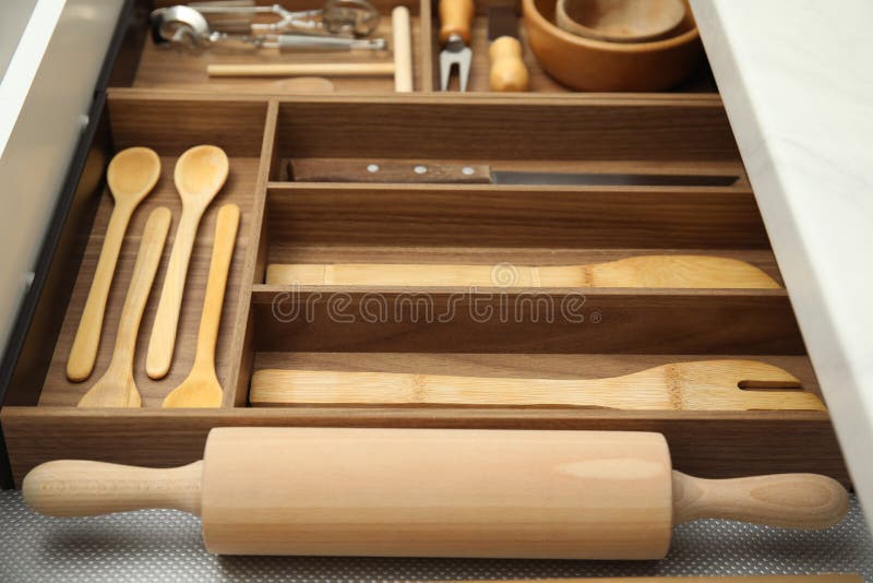 Open Drawer of Kitchen Cabinet with Different Utensils, Closeup Stock ...