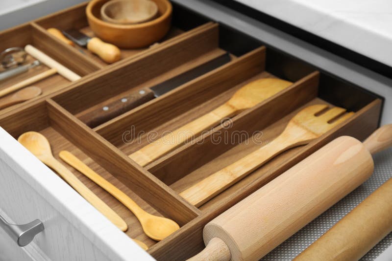 Open Drawer of Kitchen Cabinet with Different Utensils, Closeup Stock ...