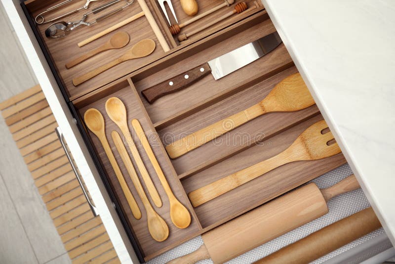 Open Drawer of Kitchen Cabinet with Different Utensils, Top View Stock ...