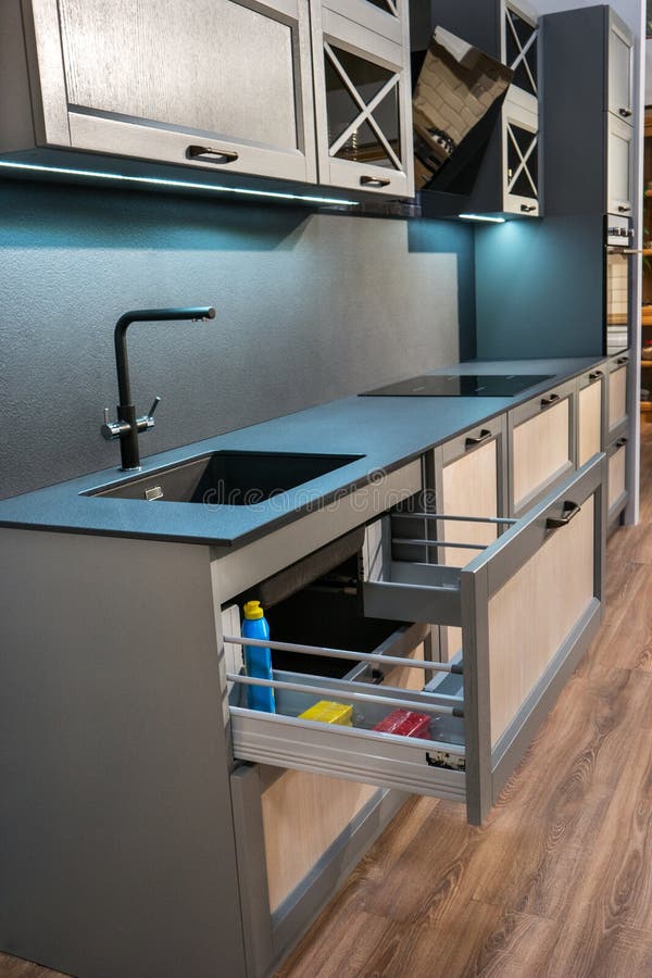 Open drawer in kitchen stock image. Image of household - 120765711