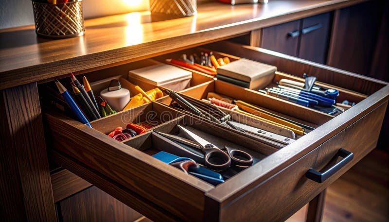 Open Drawer with Neatly Arranged School Tools. Back To School Concept ...