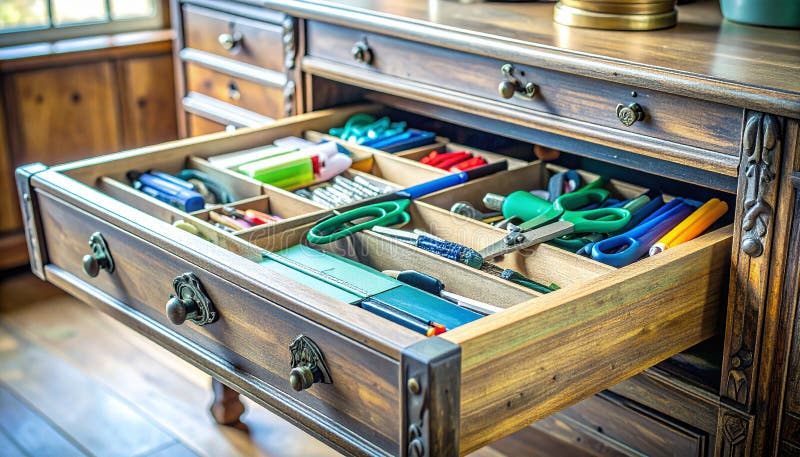 Open Drawer with Neatly Arranged School Tools. Back To School Concept ...