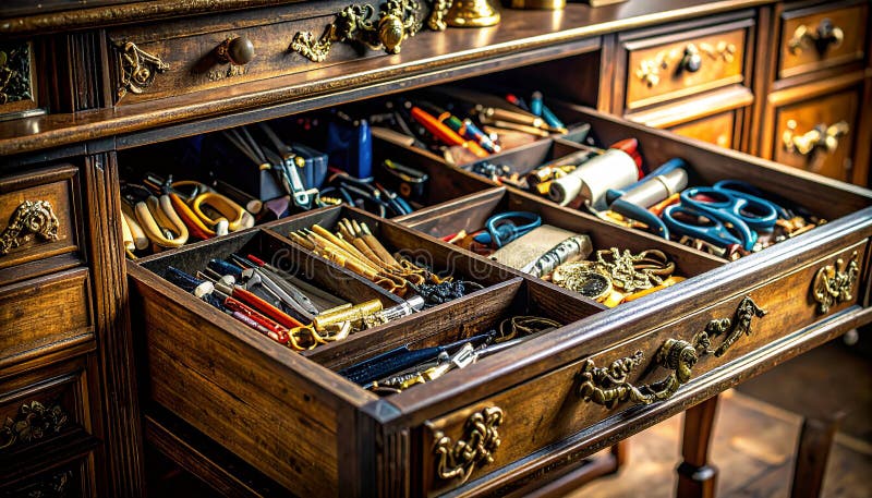 Open Drawer with Neatly Arranged School Tools. Back To School Concept ...