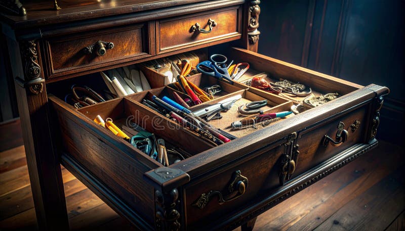 Open Drawer with Neatly Arranged School Tools. Back To School Concept ...