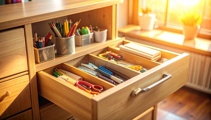 Open Drawer with Neatly Arranged School Tools. Back To School Concept ...