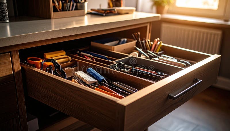 Open Drawer with Neatly Arranged School Tools. Back To School Concept ...