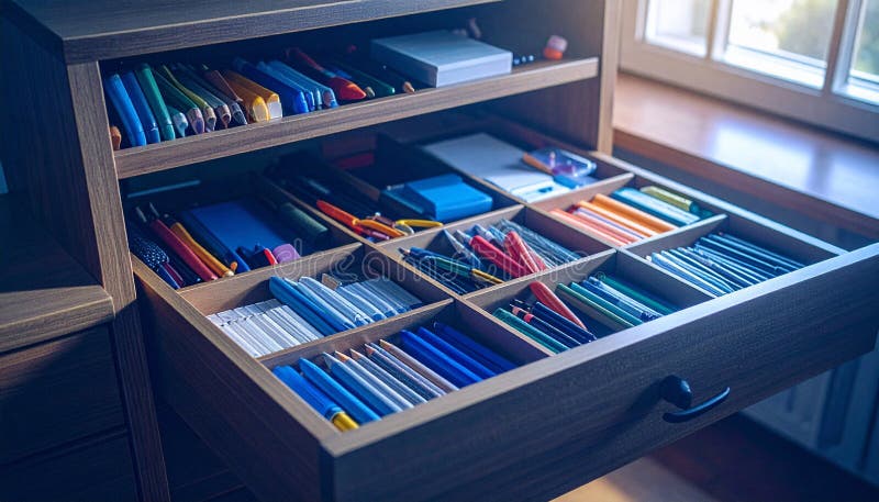 Open Drawer with Neatly Arranged School Tools. Back To School Concept ...