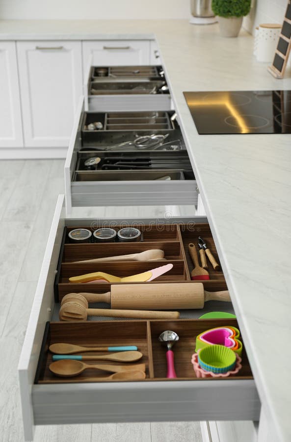 Open Drawers with Different Utensils in Kitchen Stock Image - Image of ...