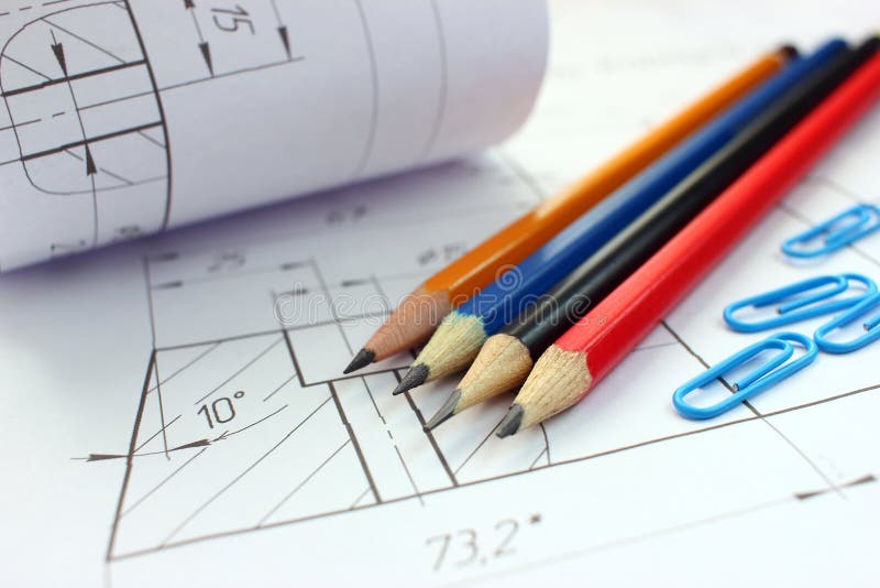 Open Drawings with a Pencil. Engineering and Design Stock Image - Image ...