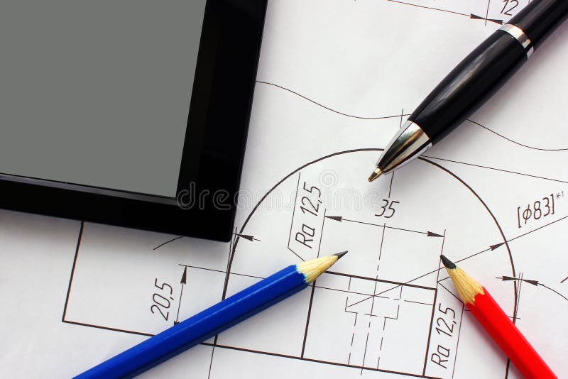 Open Drawings with a Pencil. Engineering and Design Stock Image - Image ...