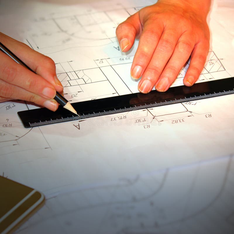 Open Drawings with a Pencil. Engineering and Design Stock Image - Image ...