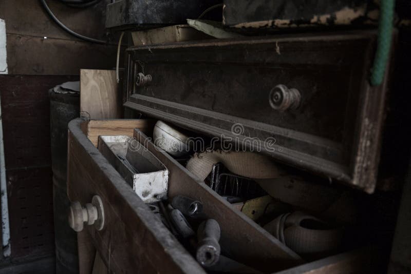 Open Dusty Old Drawer Full of Tools in the Workshop Stock Image - Image ...