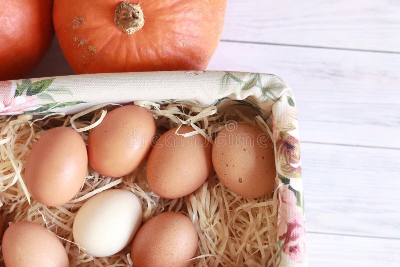 Open Egg Packaging and Ripe Pumpkins, Close-up Stock Photo - Image of ...