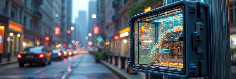Open Electrical Box on City Street with Glowing Wires and Blurred Urban ...