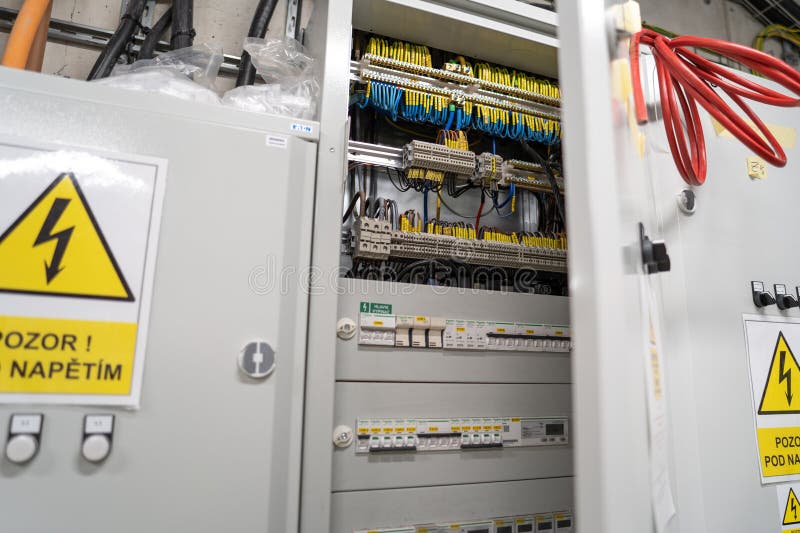 Open Electrical Distribution Box in a Modern Office Building. Stock ...