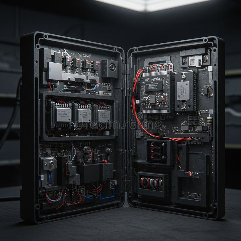 Open Electronic Control Panel with Circuits and Components Exposed. the ...