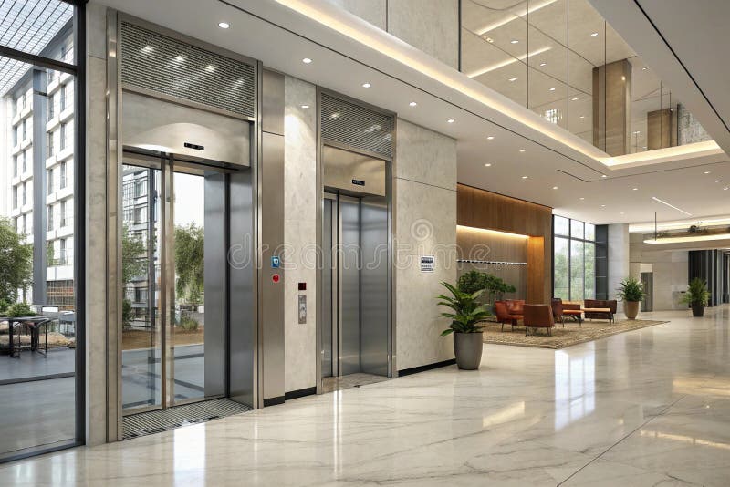 Open Elevator Doors in a Polished Office Lobby Stock Illustration ...