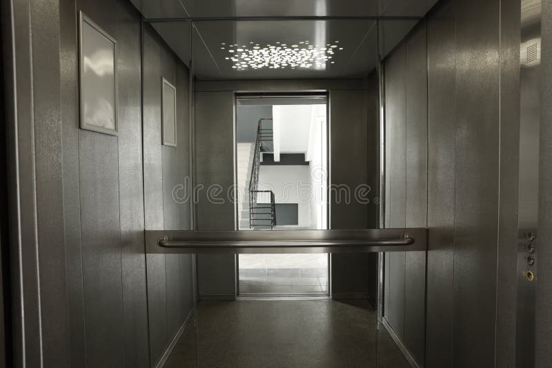 Open Elevator`s Cabin with Big Mirror Indoors Stock Photo - Image of ...