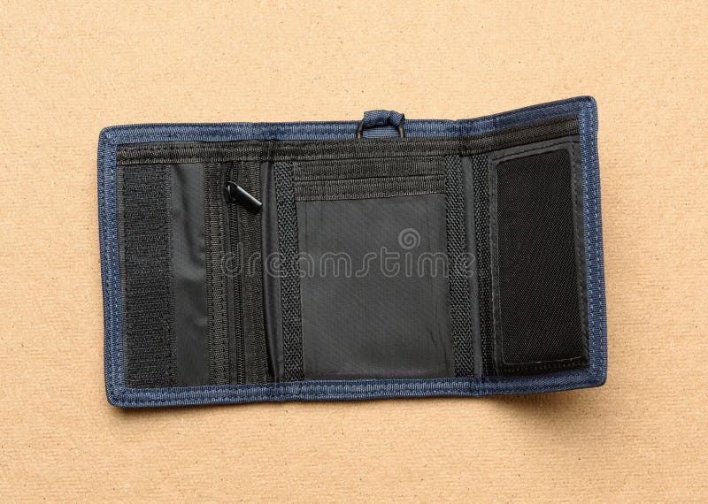 Open Empty Blue Textile Wallet on Brown Background Stock Image - Image ...