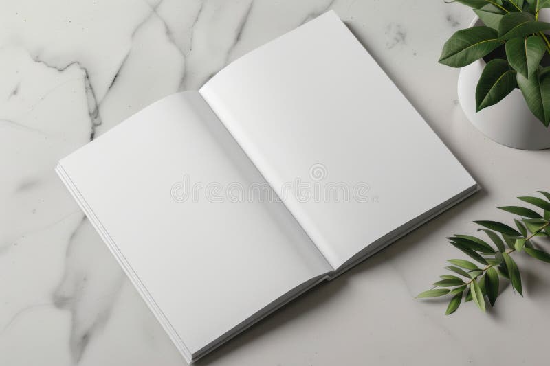 Open Empty Book with Leaves Shadow Overlay on Marble Table Background ...