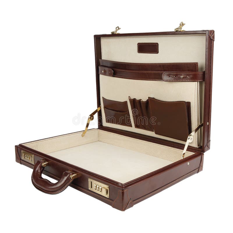 Open Empty Brown Leather Briefcase Isolated on White Stock Photo ...