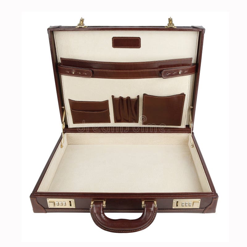 Open Empty Brown Leather Briefcase Isolated on White Stock Photo ...