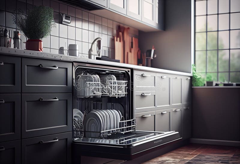 Open Empty Dishwasher in a Modern Kitchen. Integrated Dishwasher with ...
