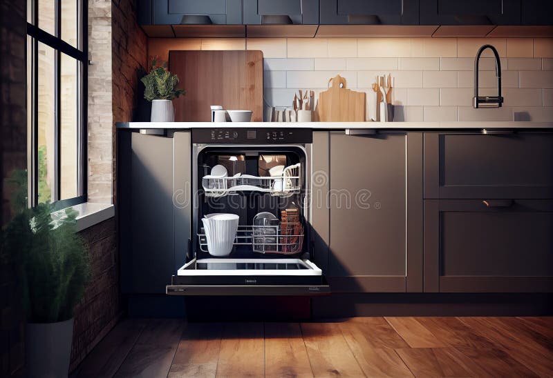 Open Empty Dishwasher in a Modern Kitchen. Integrated Dishwasher with ...