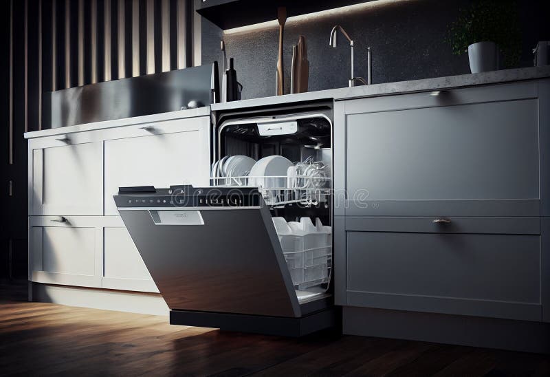 Open Empty Dishwasher in a Modern Kitchen. Integrated Dishwasher with ...