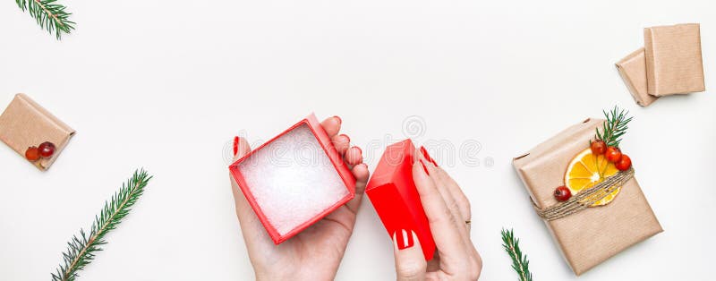Open Empty Gift Box in Feminine Hands Above White Table Stock Image ...