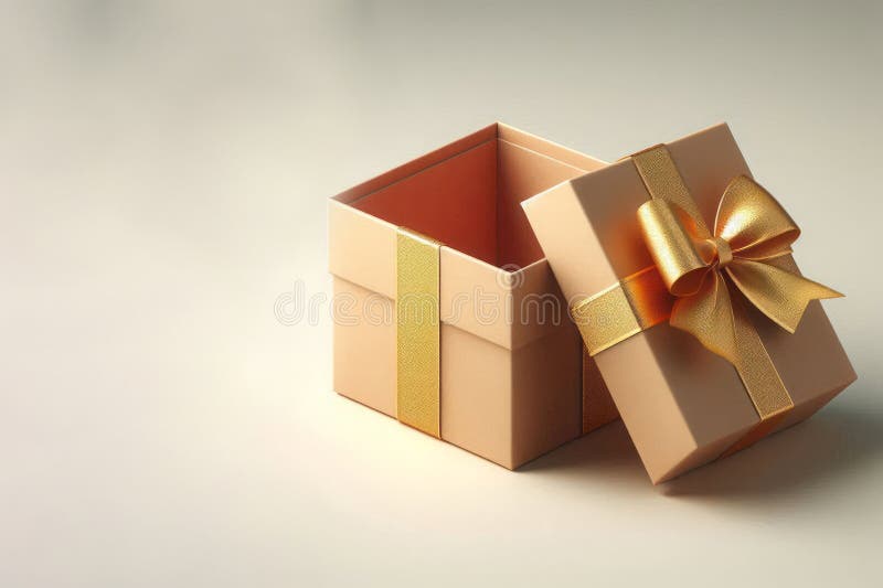 Open Empty Gift Box with Gold Ribbon. Space for Text. Stock Photo ...