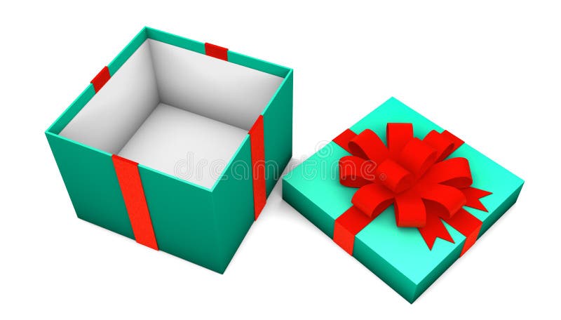 Open Empty Green Gift Box with Red Ribbon Isolated on White. 3d Render ...