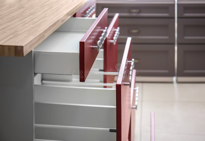 Open empty kitchen drawers stock image. Image of dinnerware - 151241073