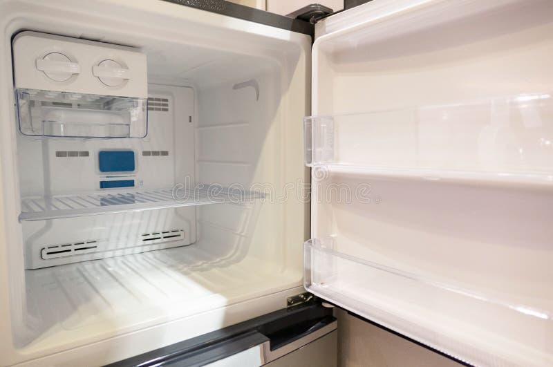 Open Empty New White Refrigerator Inside Fridge with Shelves Stock ...