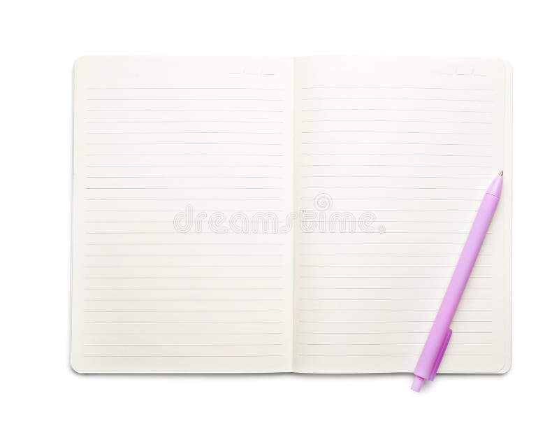 Stylish Open Notebook Blank Sheets Pen Isolated White Top View Stock ...