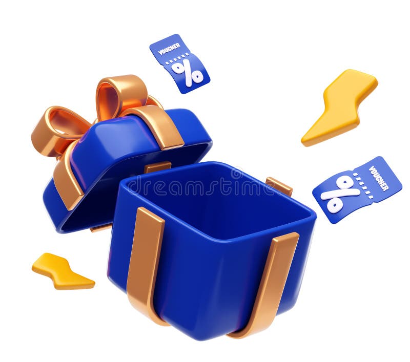 Open Empty Present Box with Gold Ribbon and Vouchers 3D Background ...