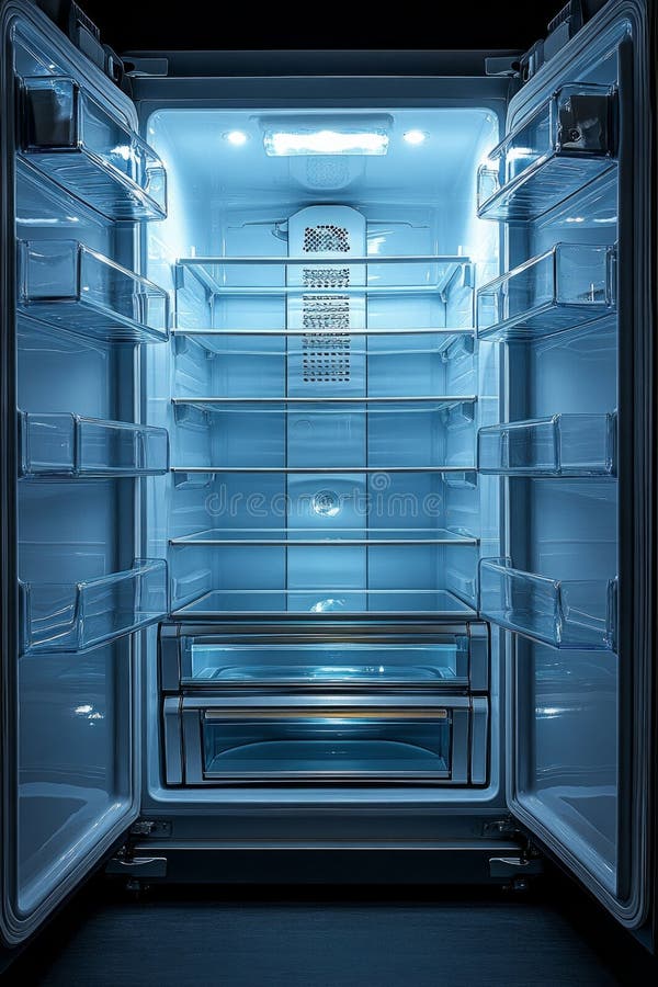 Open Empty Refrigerator with Cool Blue Lighting Stock Image - Image of ...
