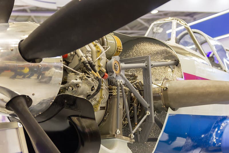Open Engine Compartment of an Airplane at an Aviation Exhibition ...