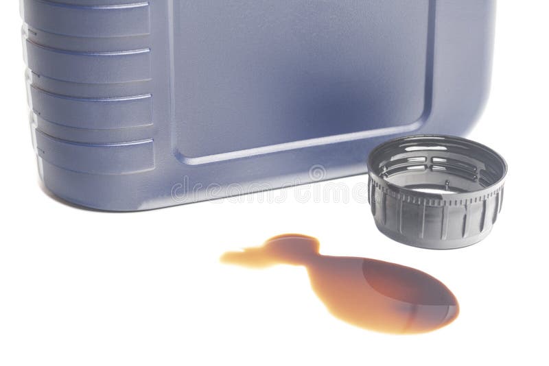 Open Engine Oil Bottle with a Puddle of Engine Oil Isolated on White ...
