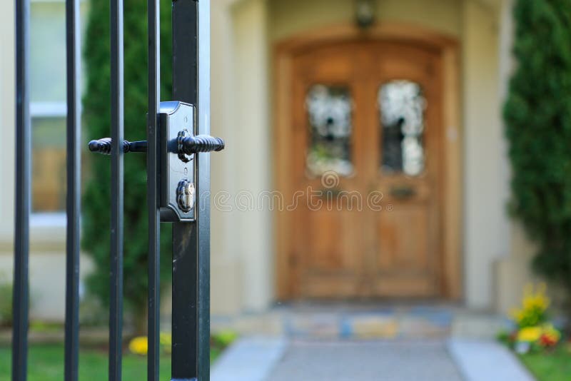 Open entrance iron gate stock photo. Image of tree, spring - 43245192