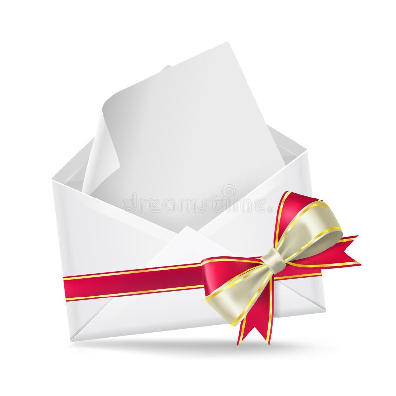 Open Envelope Greeting Blank Card, Golden with Red Bow Realistic Vector ...
