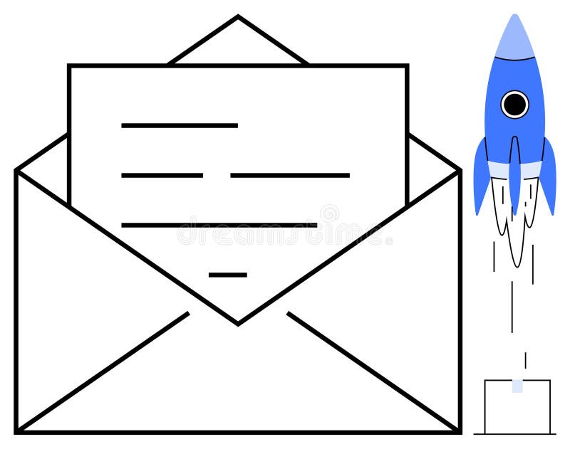 Envelope with Letter and Rocket Launching Symbolizing Fast Communication and Digital Messaging ...