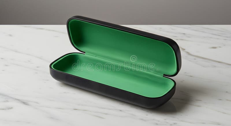 Open Eyeglasses Case Displaying Green Interior on Marble Surface Stock ...
