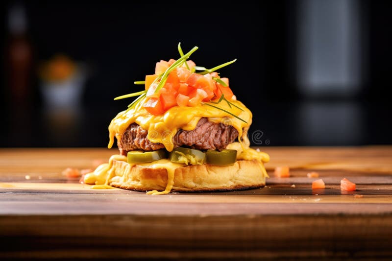 Open-face Cheeseburger, Toppings Visible, Side View Stock Photo - Image ...