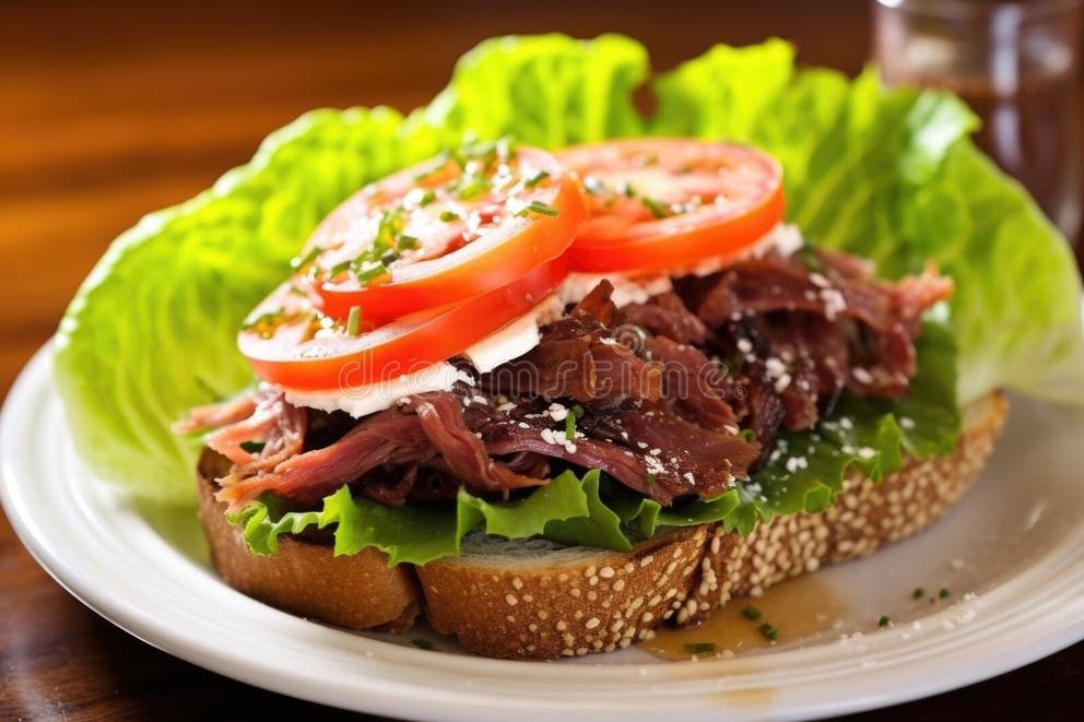 Open-faced Barbecue Beef Sandwich with Green Leaf Lettuce Stock Image ...