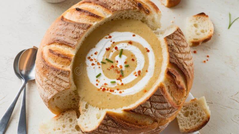 Open-Faced Bread with Creamy Spread and Herbs on Rustic Table Stock ...