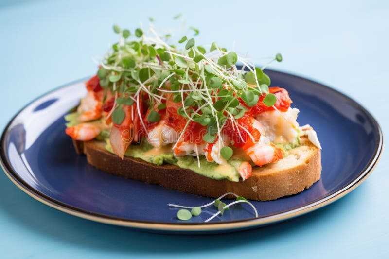An Open-faced Lobster Toast Sandwich on a Light Blue Plate Stock Image ...